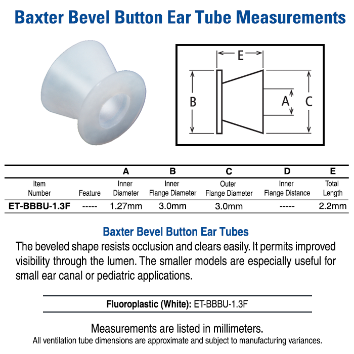 Baxter Bevel Bobbin Ear Tubes. Anthony Products
